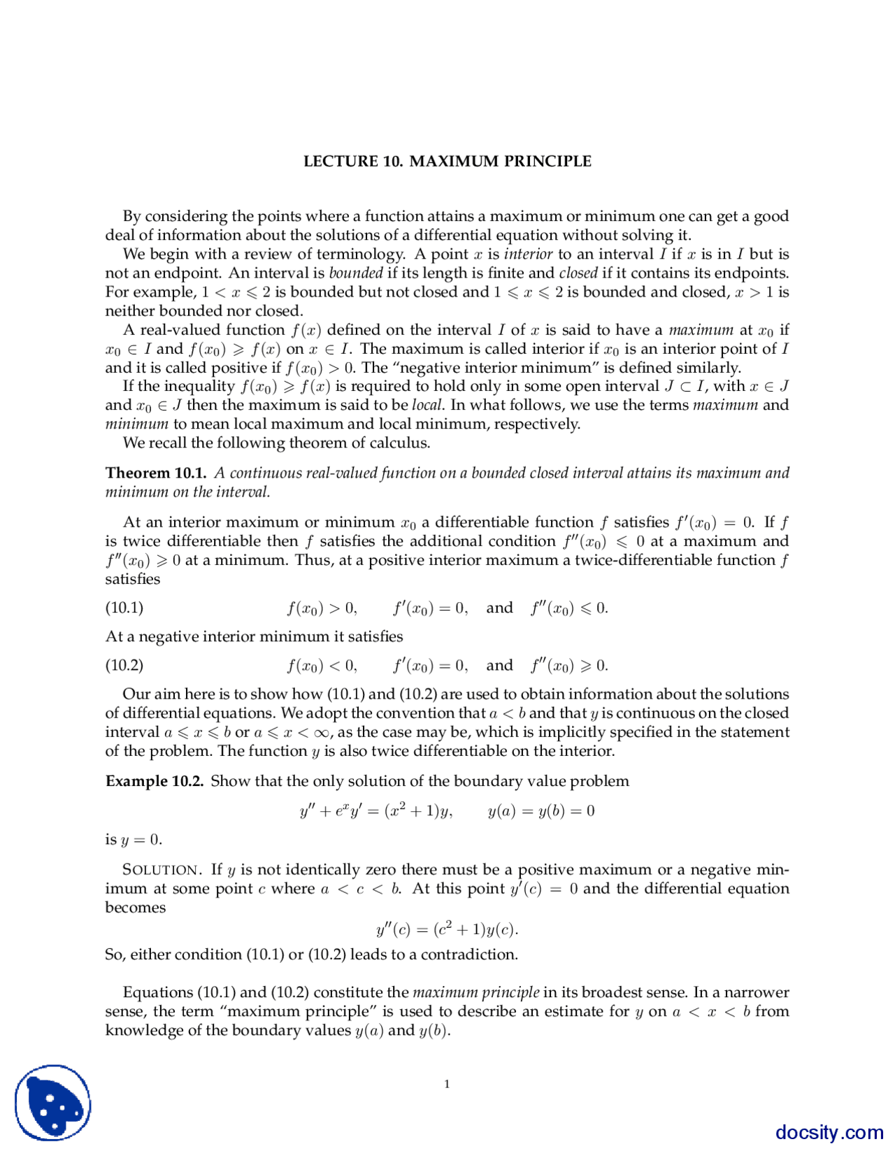 Maximum Principle Differential Equations And Their Solutions Lecture Notes Docsity