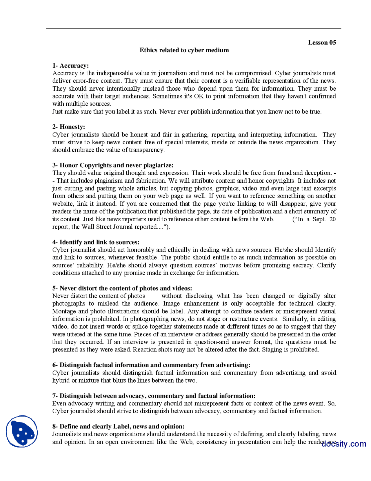 Ethics Related To Cyber Medium Online Jounalism Lecture Handouts Docsity