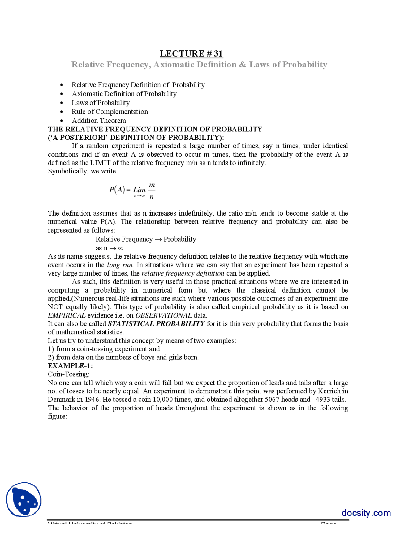 Relative Frequency, Axiomatic Definition-Discrete Mathematics-Lecture Handout - Docsity
