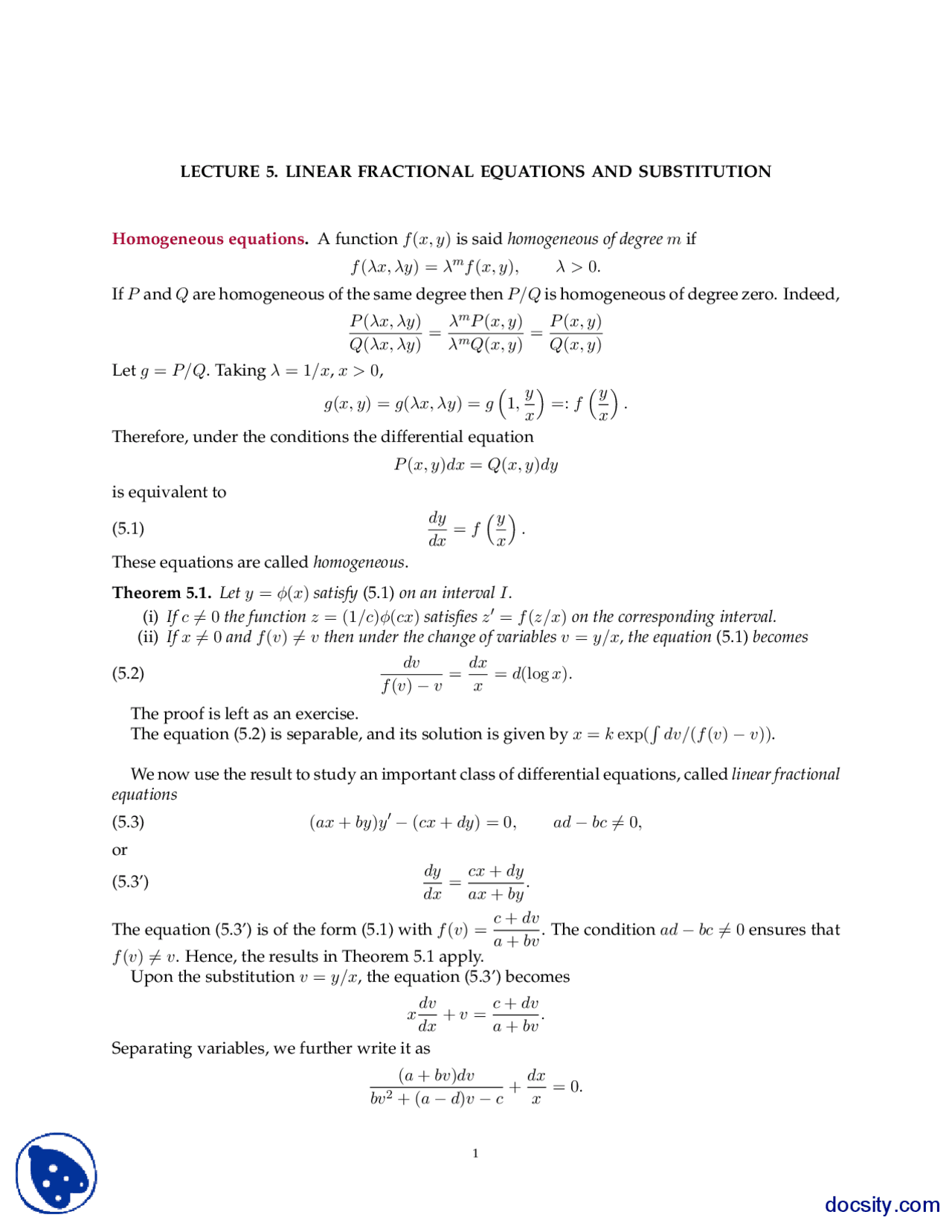 Linear Fractional Equations And Substitution Differential Equations And