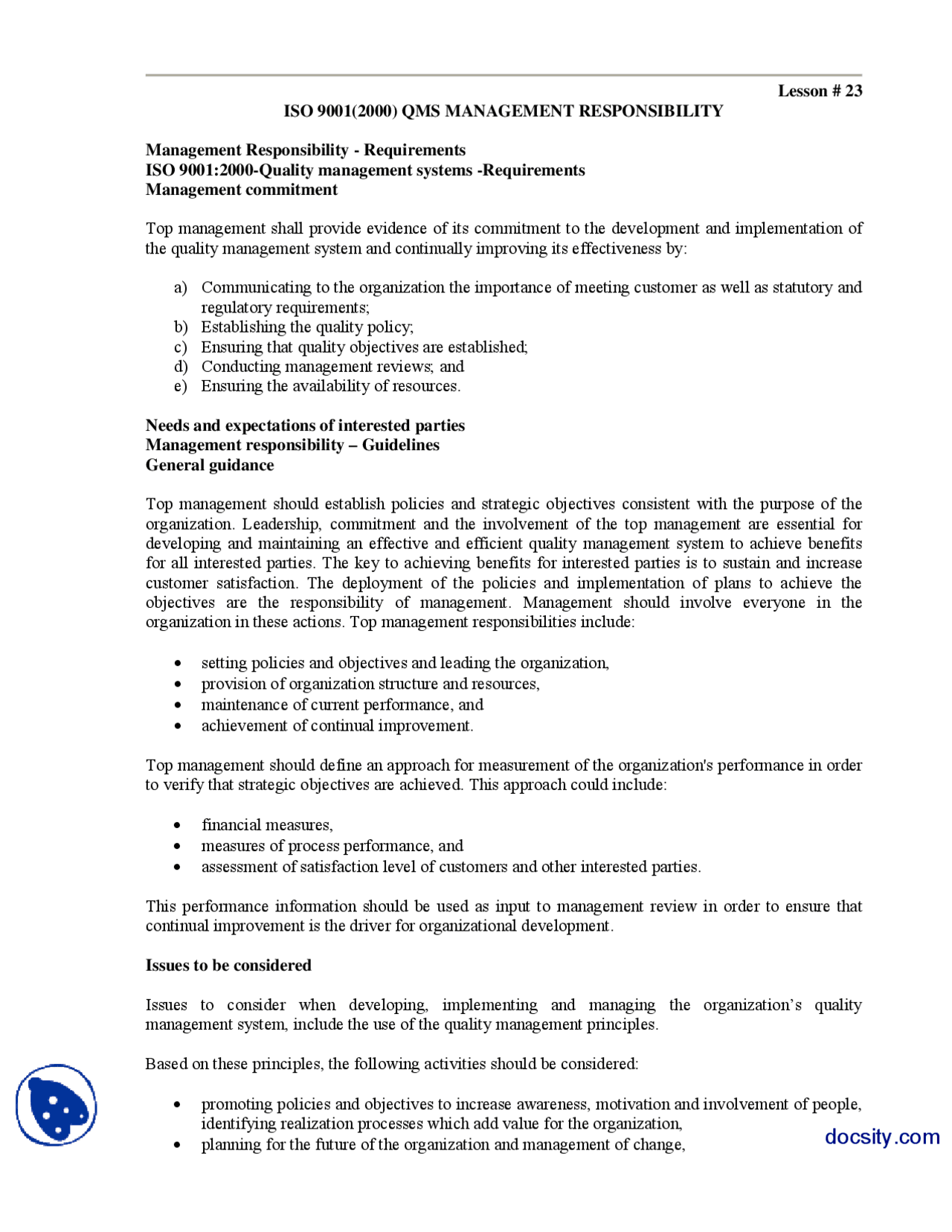 Qms Management Responsibility Total Quality Managment Handouts Docsity