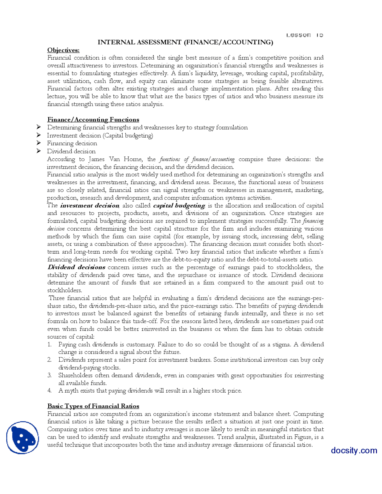 Finance Accounting Functions Strategic Management Lecture Handout Docsity
