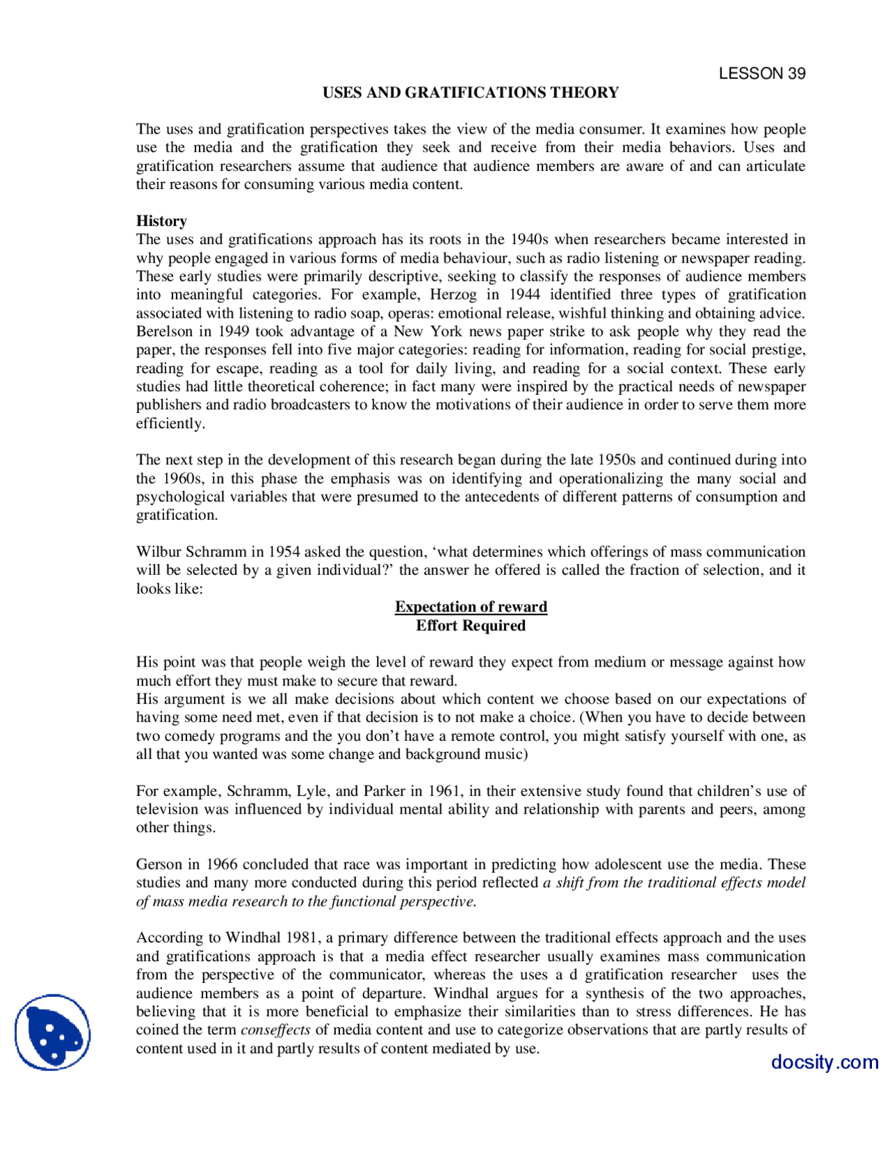 Uses And Gratifications Theory Theories Of Communication Handouts Docsity