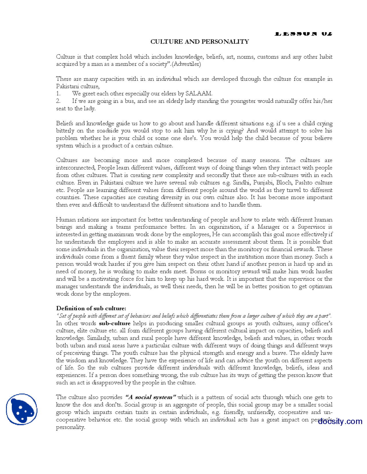 Introduction Part 2 Human Relation Lecture Handout Docsity