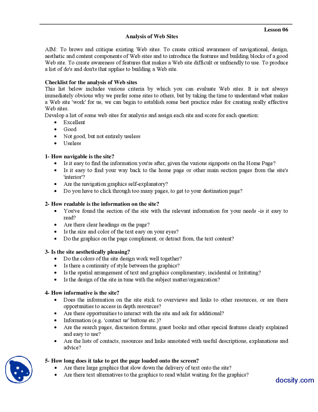 Analysis Of Web Sites Online Jounalism Lecture Handouts Docsity