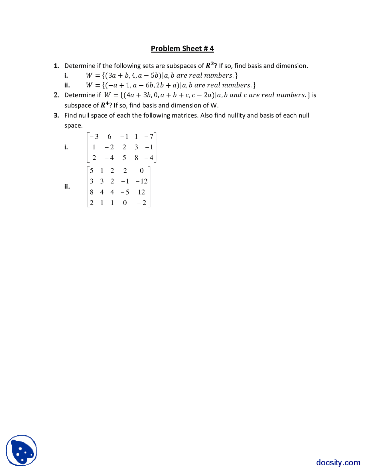 Problem Sheet 4 Null Spaces Basis Dimension Linear Algebra Assignment Docsity