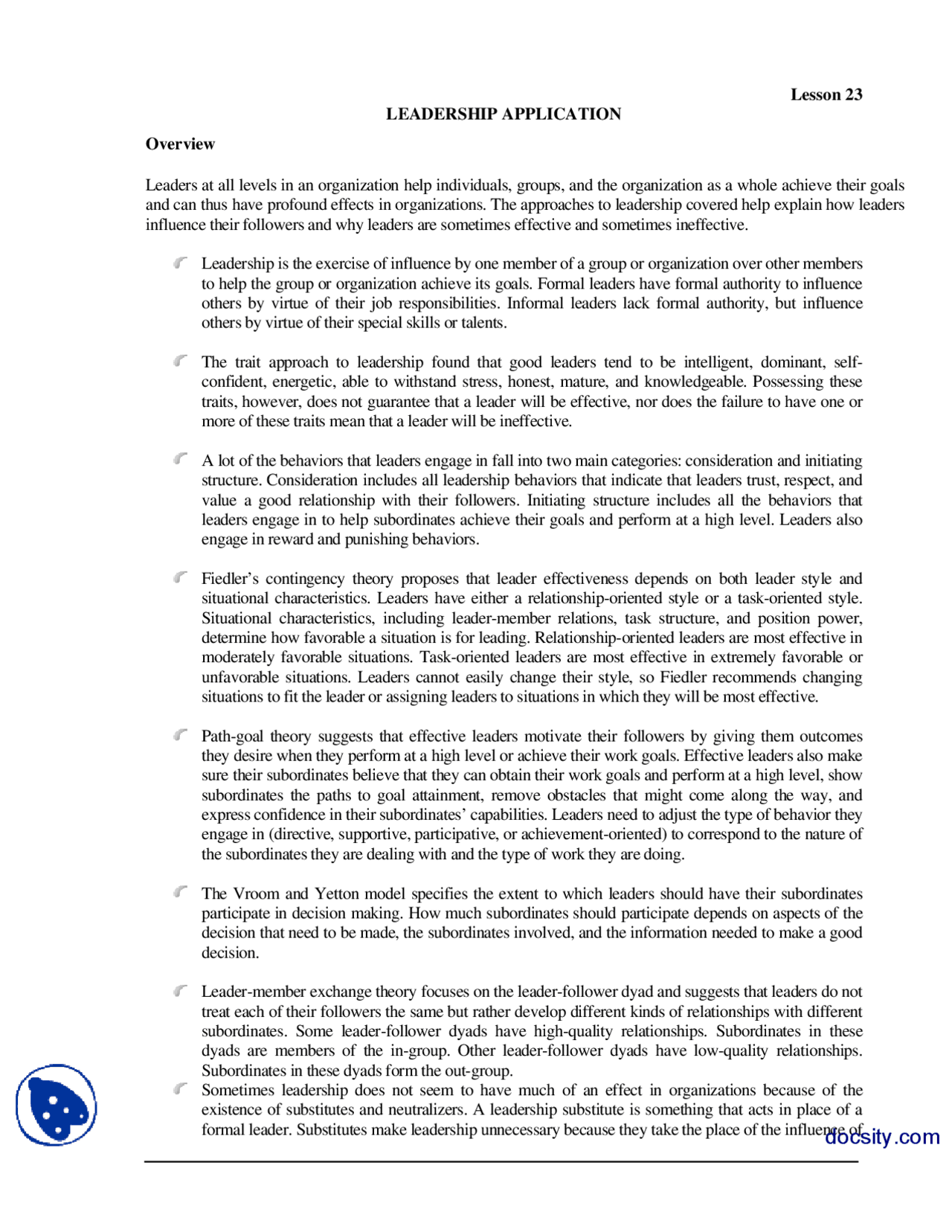 Leadership Applications Organizational Behaviour Lecture Handout Docsity