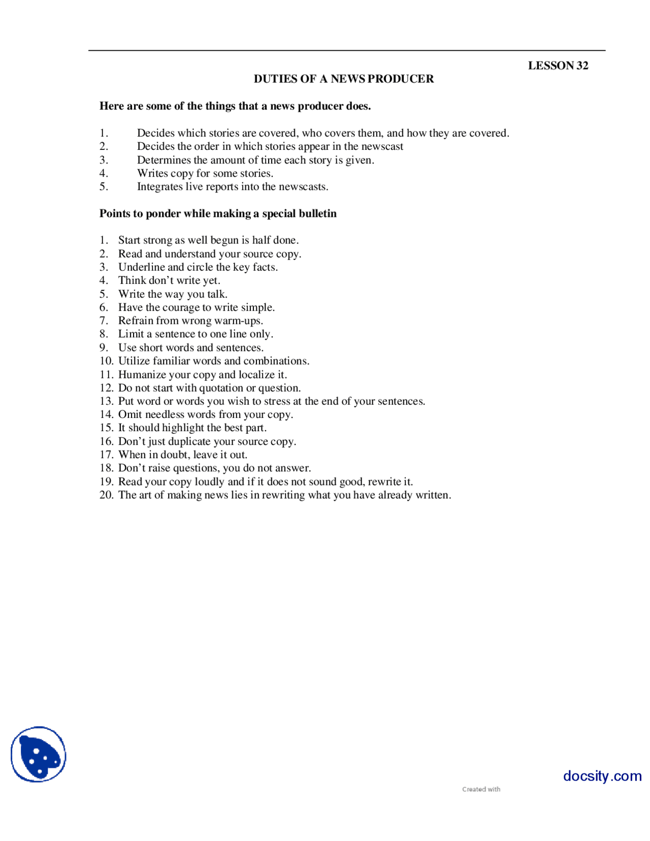 Qualities Of A News Producer Reporting And Production Handouts Docsity