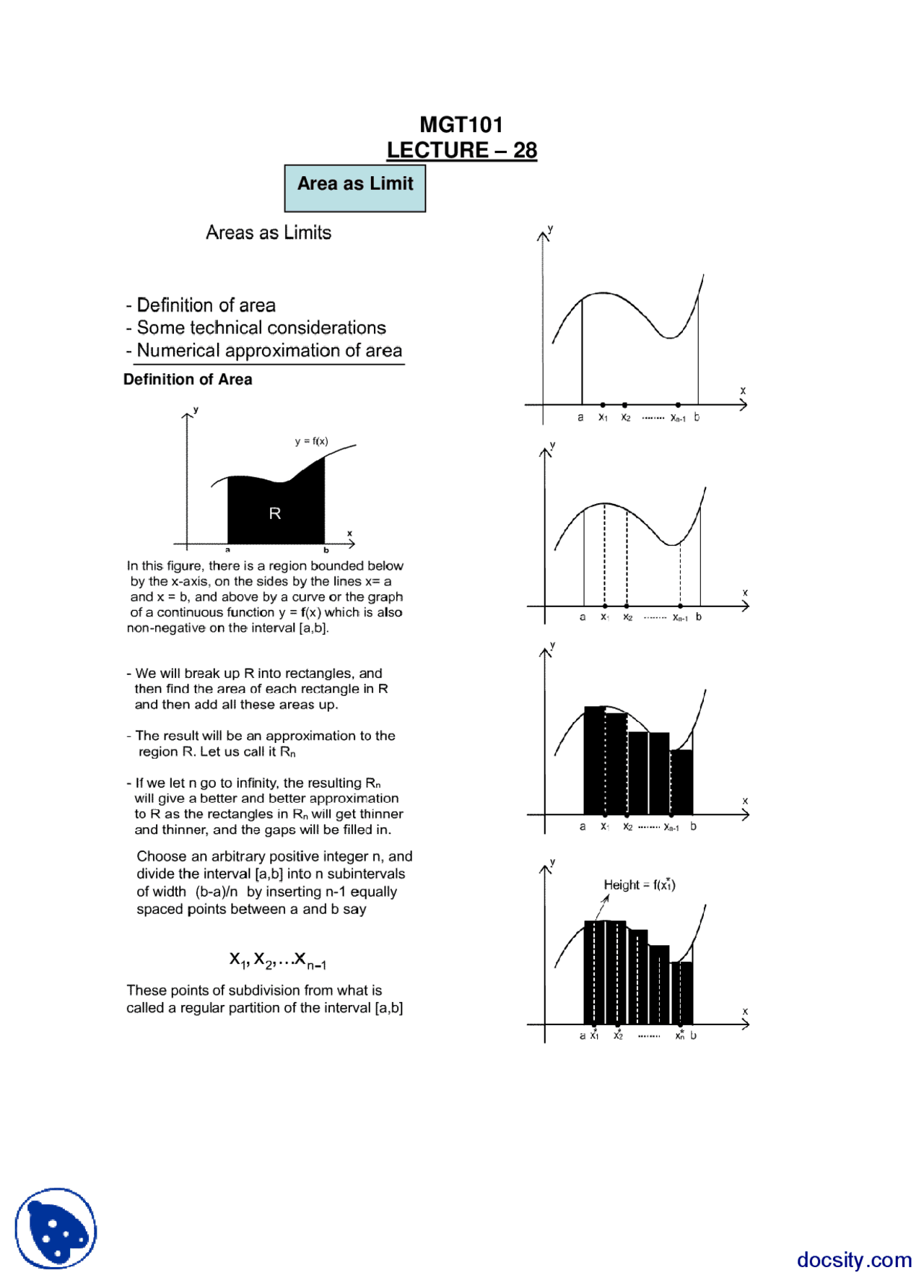 Area As Limit General Mathematics Lecture Handout Docsity