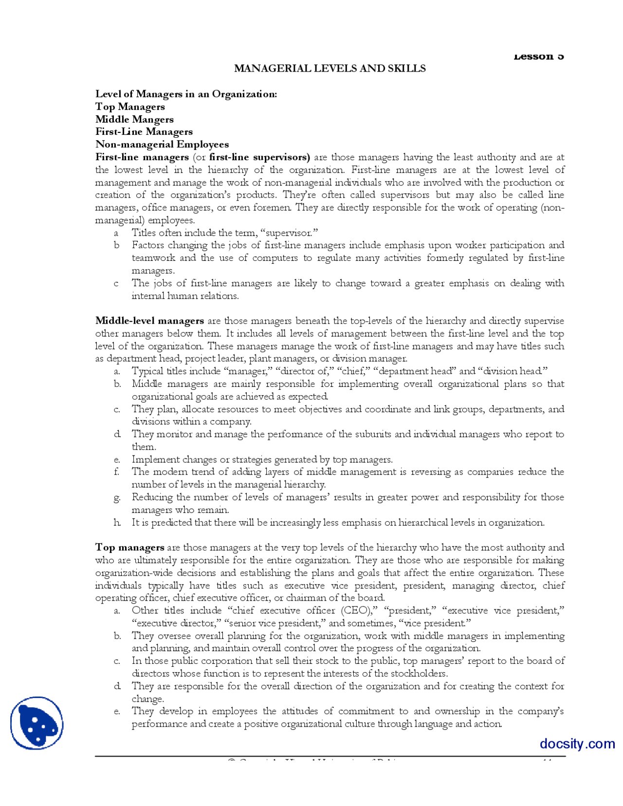 Managerial Levels And Skills Principle Of Managment Handouts Docsity