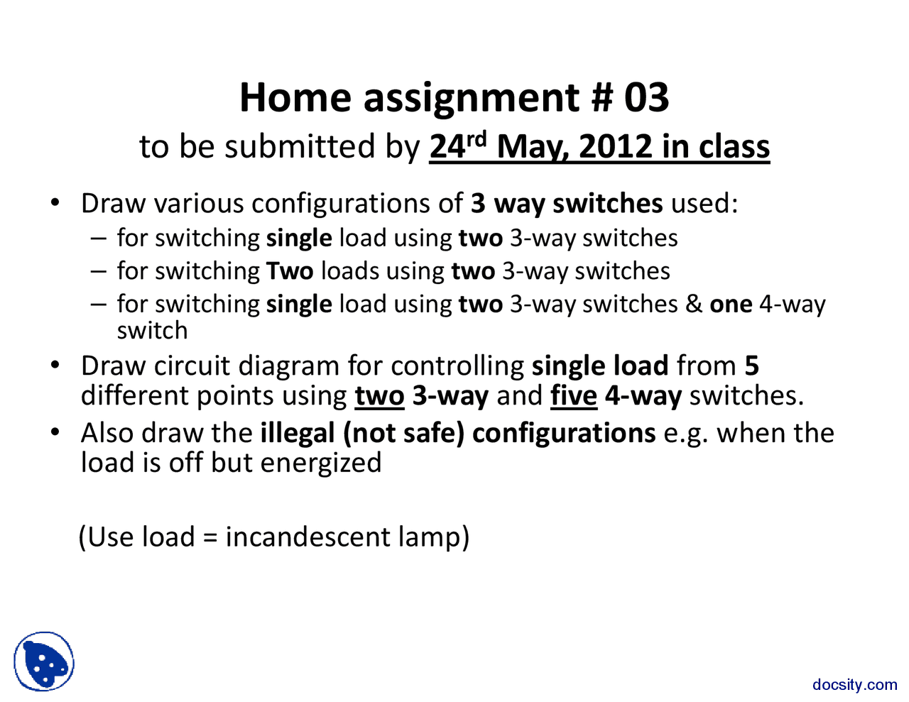 Three Way Switches Power Distribution And Utilization Assignment Docsity