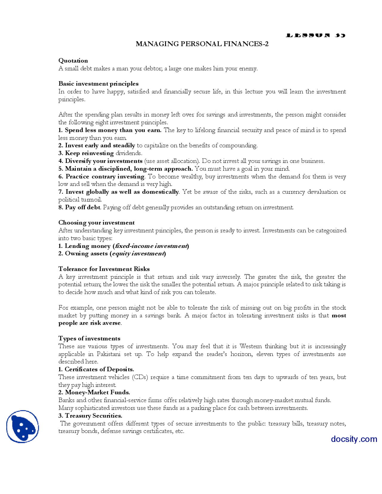 Managing Personal Finances Part 3 Human Relation Lecture Handout Docsity