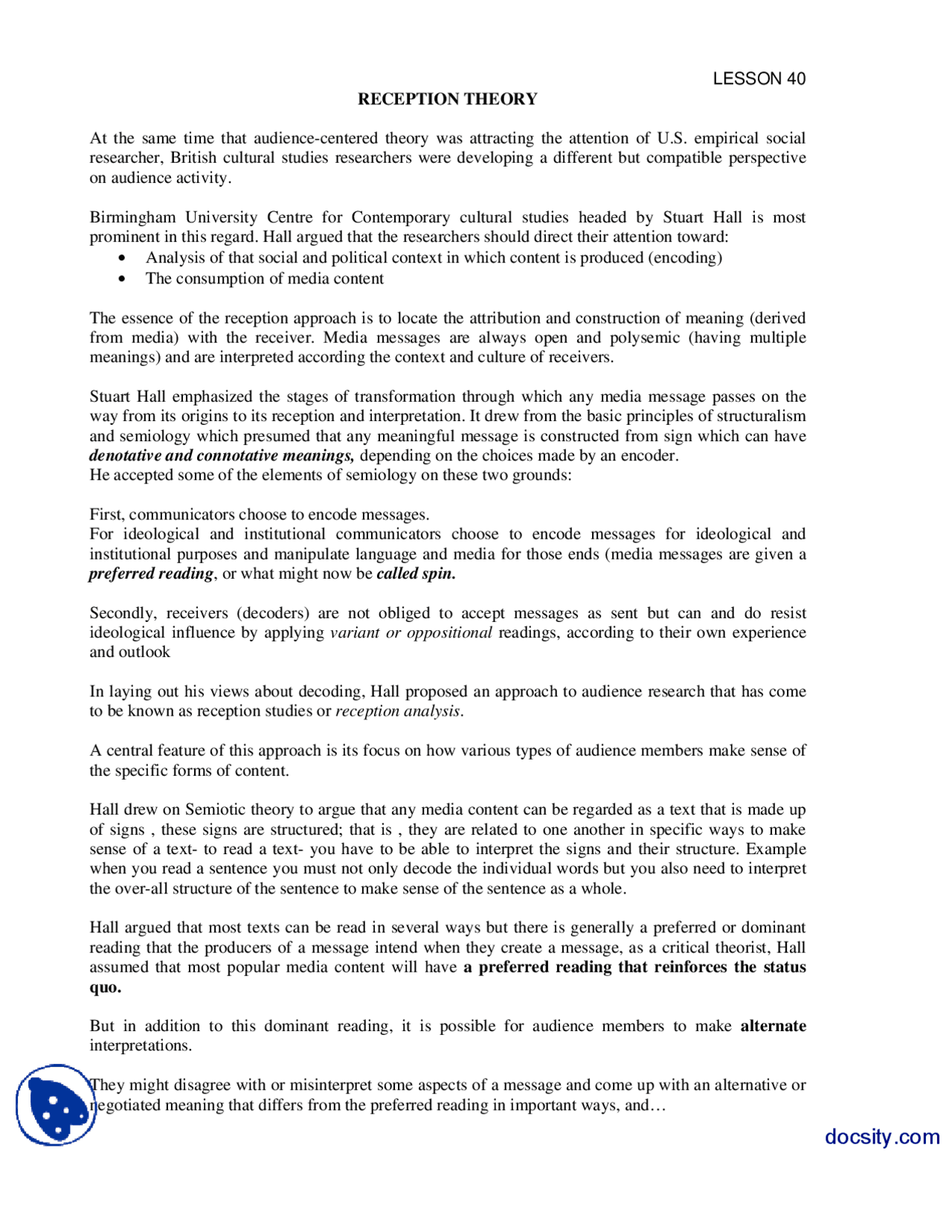 Reception Theory Theories Of Communication Handouts Docsity