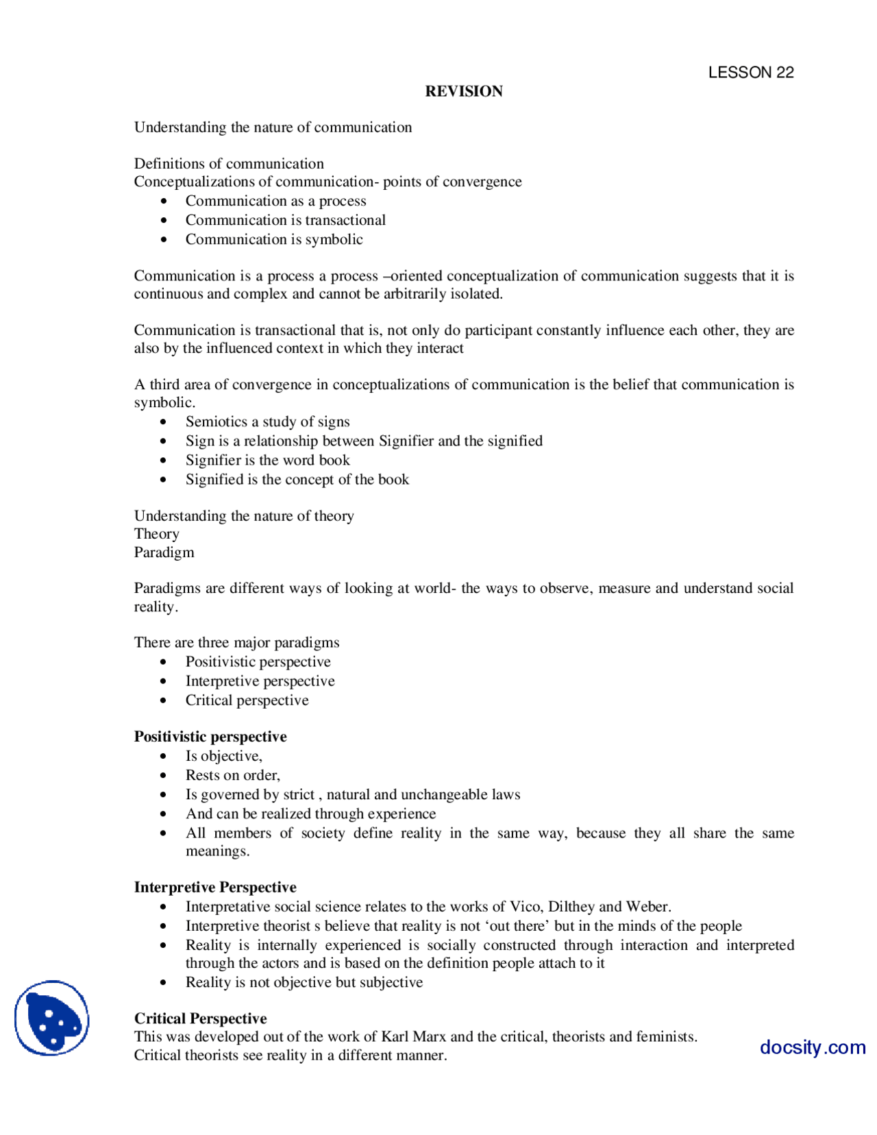 Revision Theories Of Communication Handouts Docsity