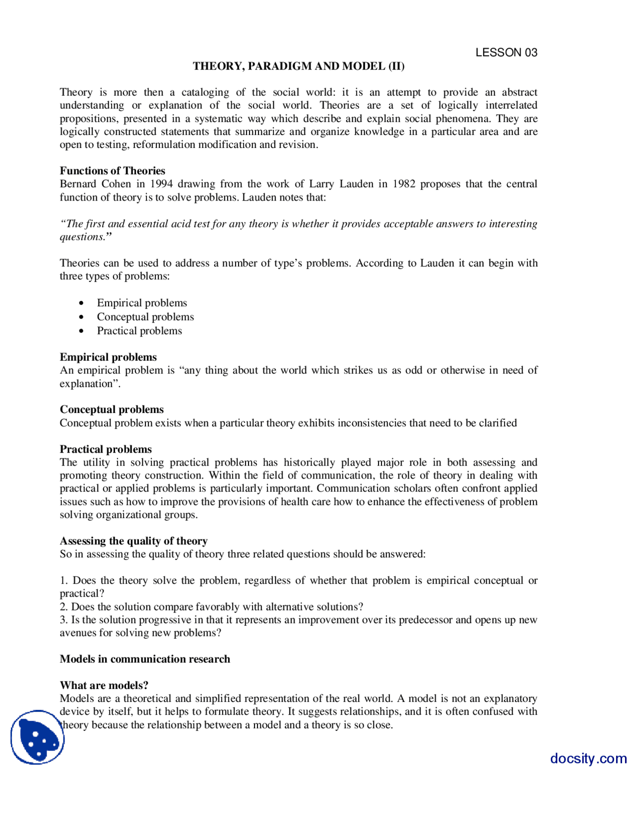 Theory Paradigm And Model 1 Theories Of Communication Handouts Docsity