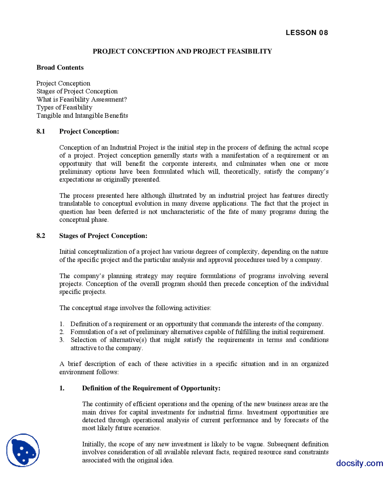 Project Conception And Project Feasibility Project Managment Handouts