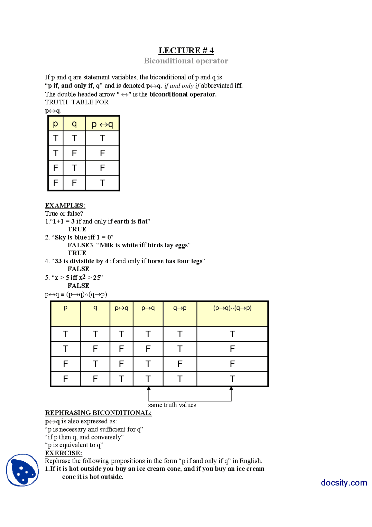 Biconditional Operator Part 2 Discrete Mathematics Lecture Handout Docsity