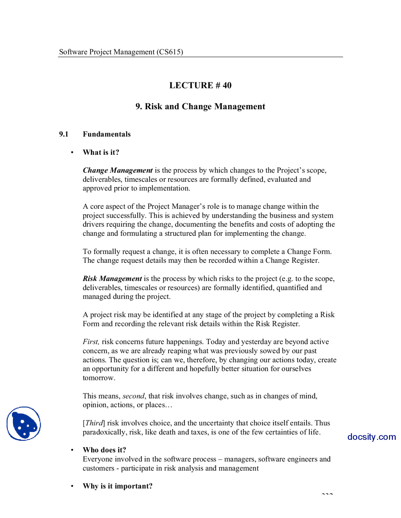 Risk and Change Management, Fundamentals-Software Project Management ...