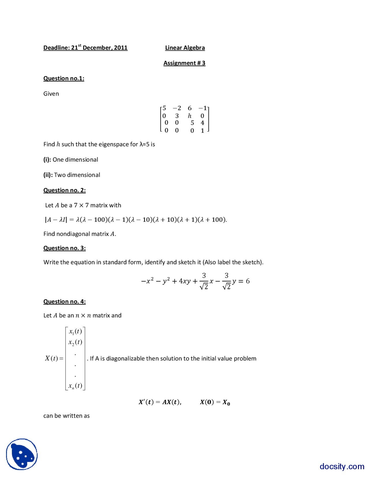 Eigen Vectors, Values and Spaces-Linear Algebra-Assignment - Docsity
