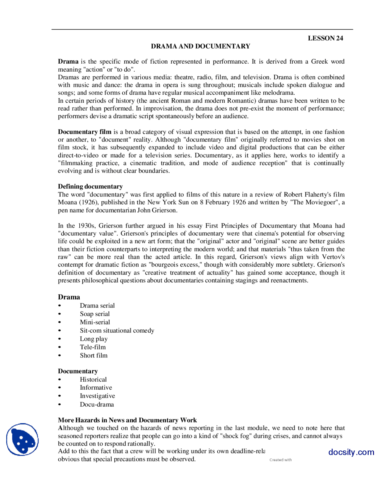 Drama And Documentary Reporting And Production Handouts Docsity
