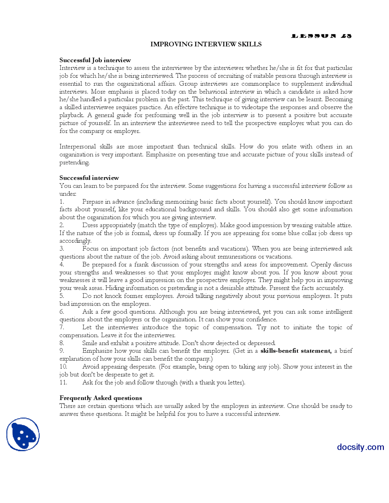 Successful Job Interview Human Relation Lecture Handout Docsity