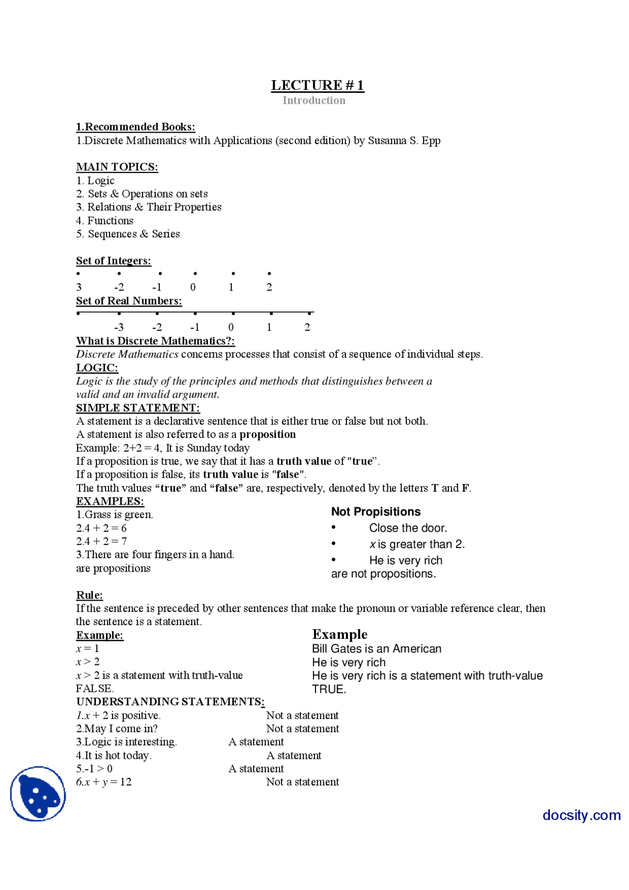Set Of Integers Discrete Mathematics Lecture Handout Docsity