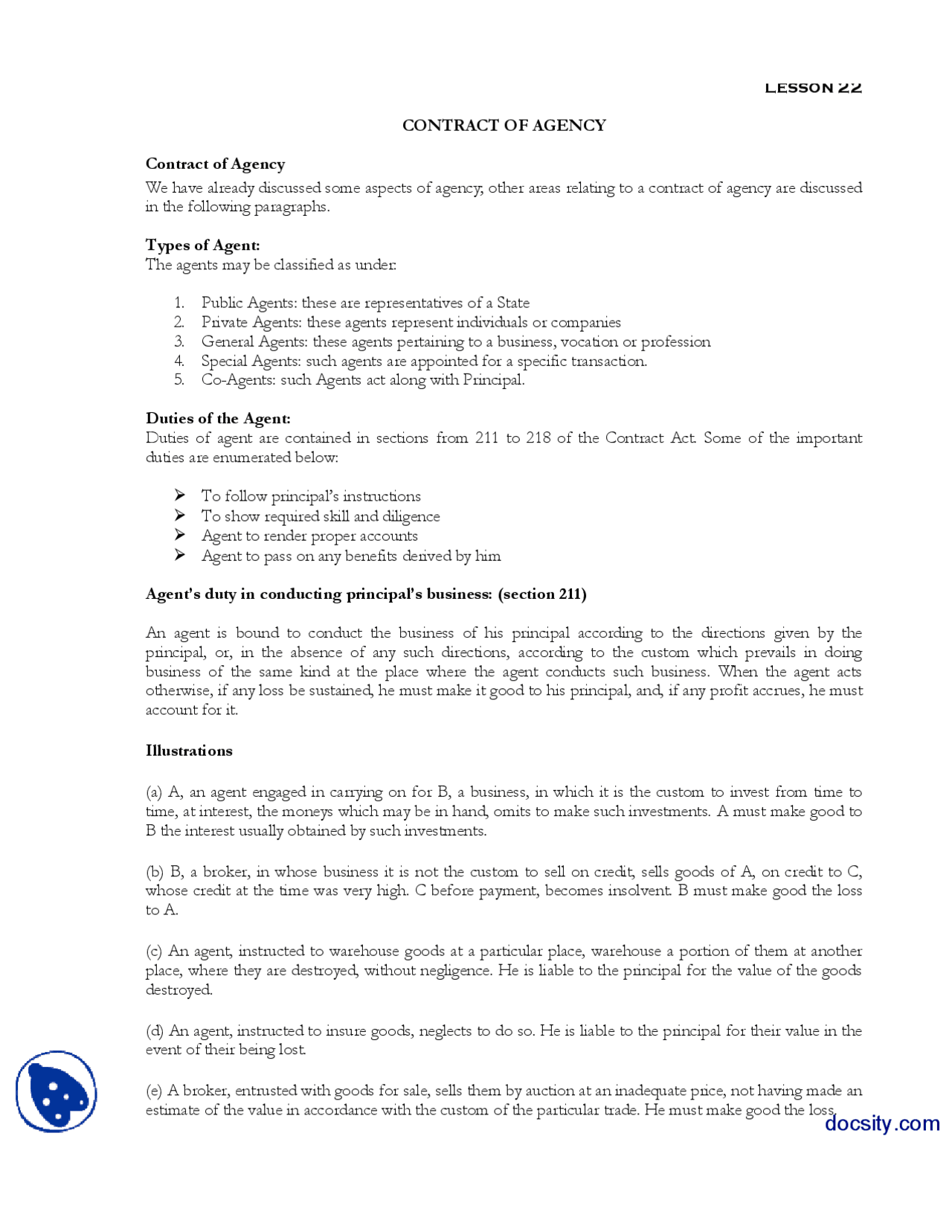 Contract Of Agency Part 2 Business And Labour Law Lecture Handout Docsity
