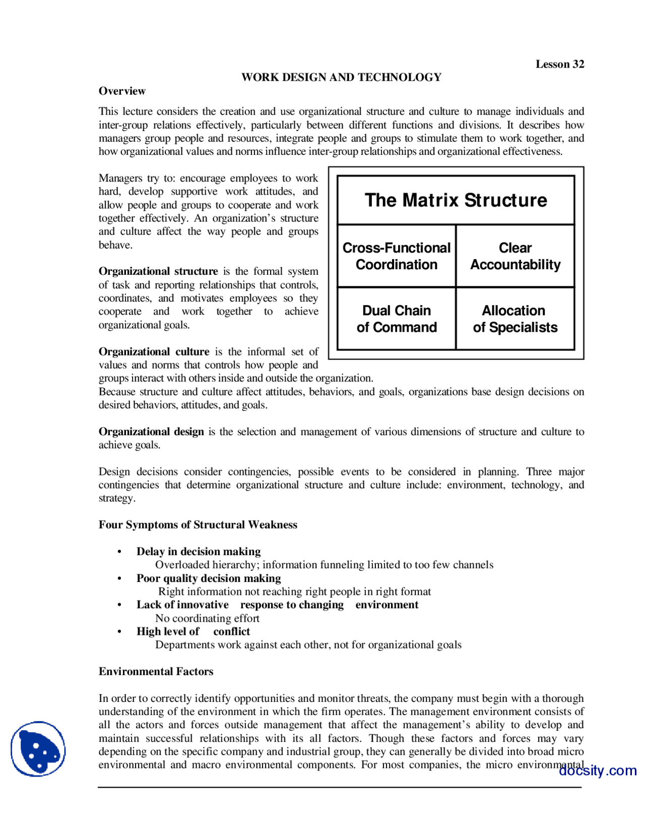 The Matrix Structure Organizational Behaviour Lecture Handout Docsity