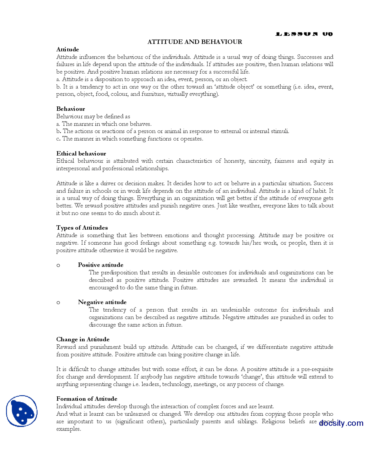 Attitude And Behaviour Human Relation Lecture Handout Docsity