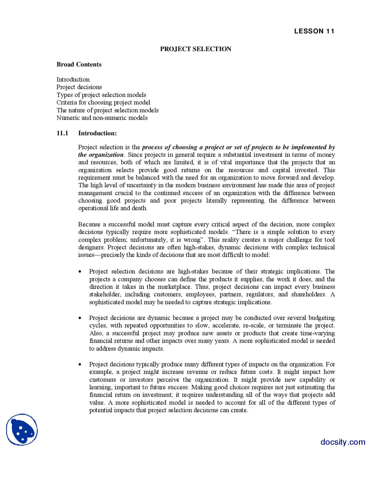 Project Selection Project Managment Handouts Docsity