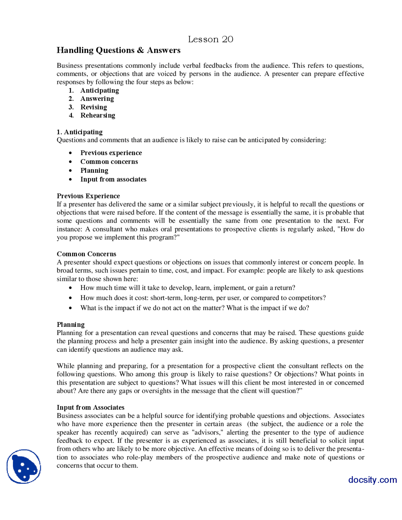 Handling Questions And Answers Communication Skills Lecture Handout
