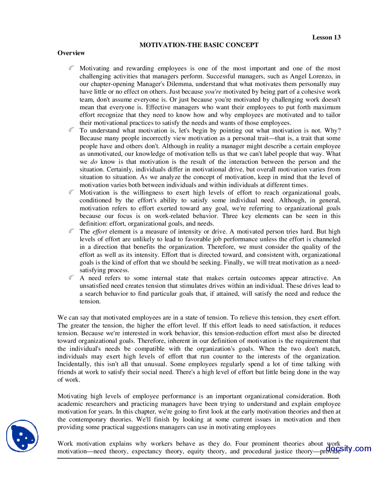 Motivation Organizational Behaviour Lecture Handout Exercises