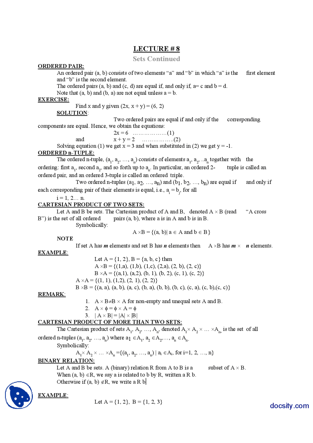 Sets Part 2 Discrete Mathematics Lecture Handout Docsity