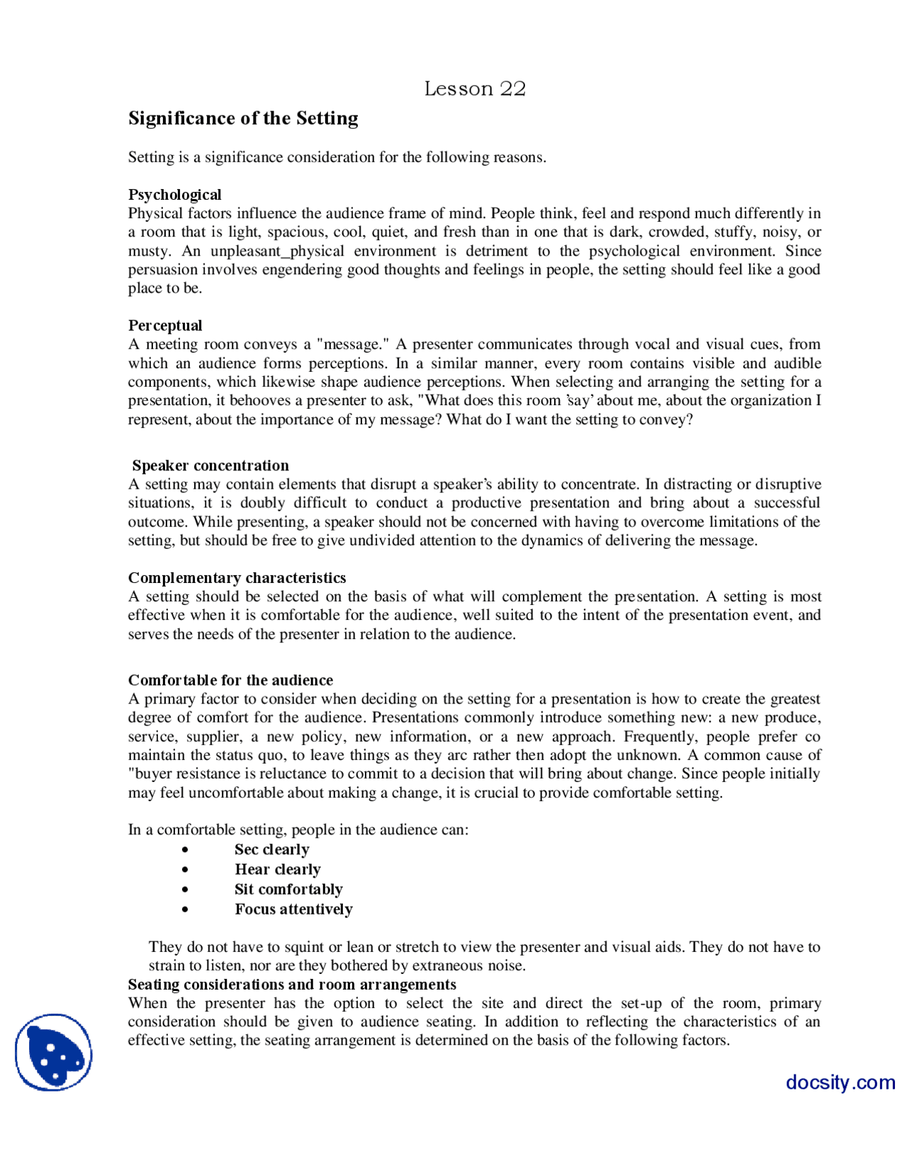 Significance Of The Setting Communication Skills Lecture Handout Docsity