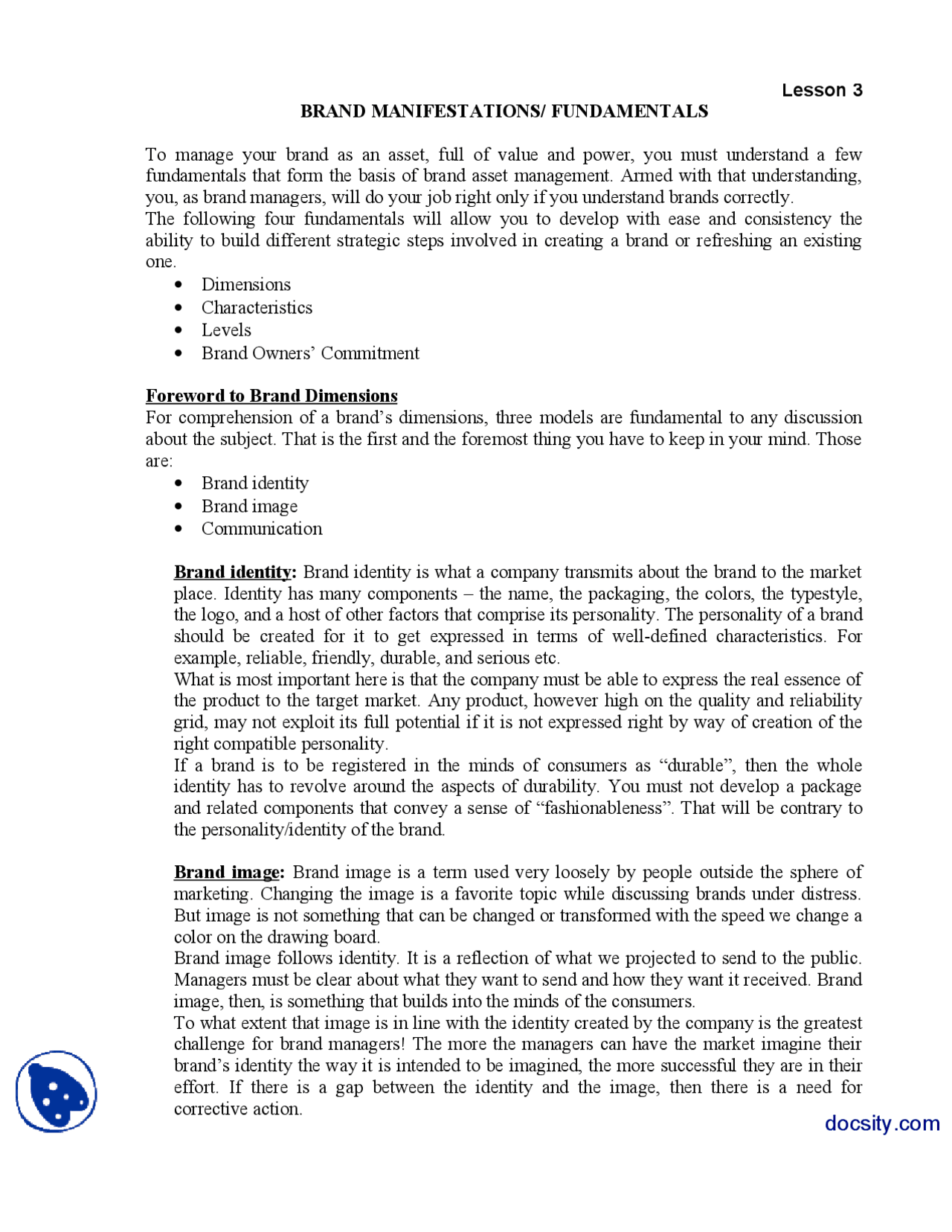 Fundamentals Part 1 Brand Management Lecture Handout Docsity