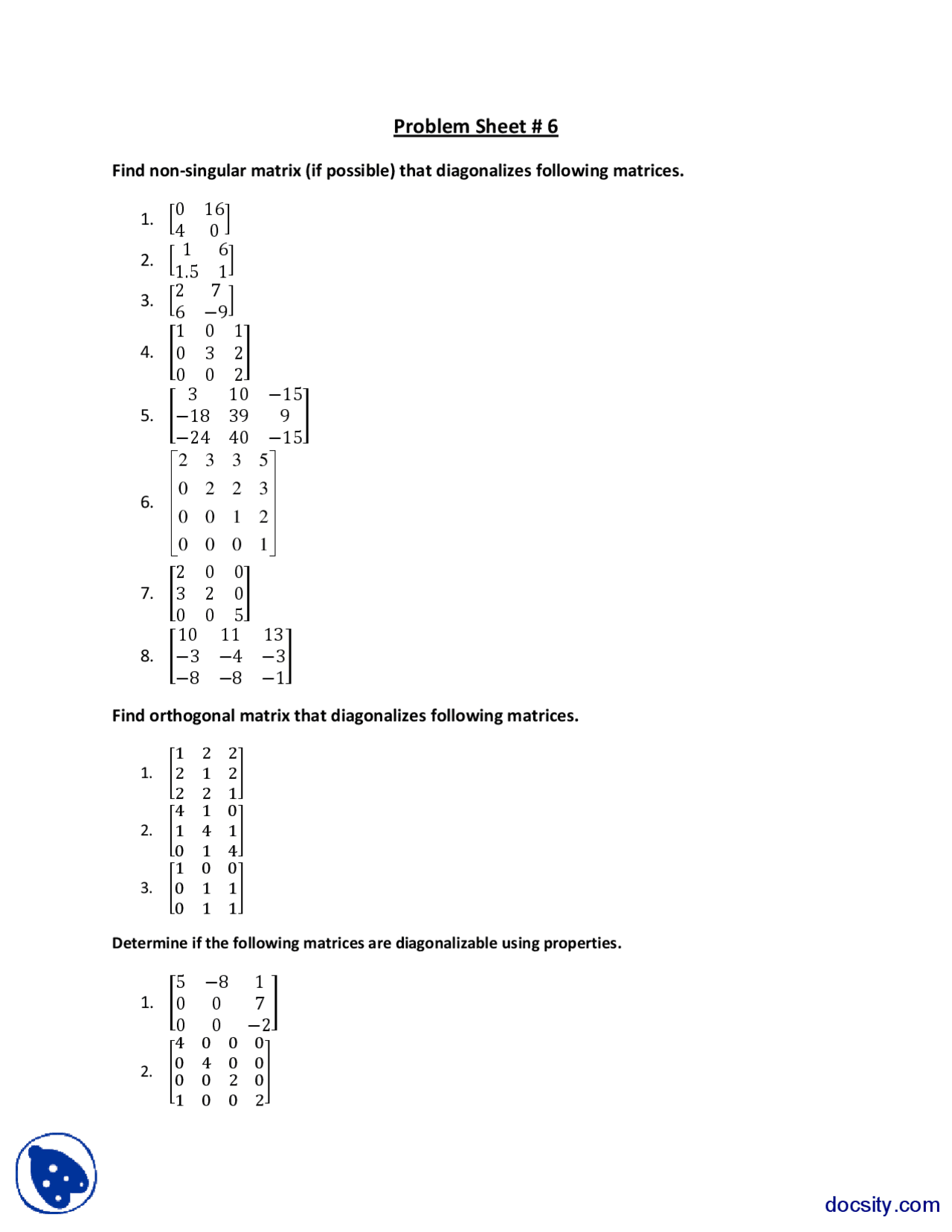 Problem Sheet 6 Diagonalization Linear Algebra Assignment Docsity