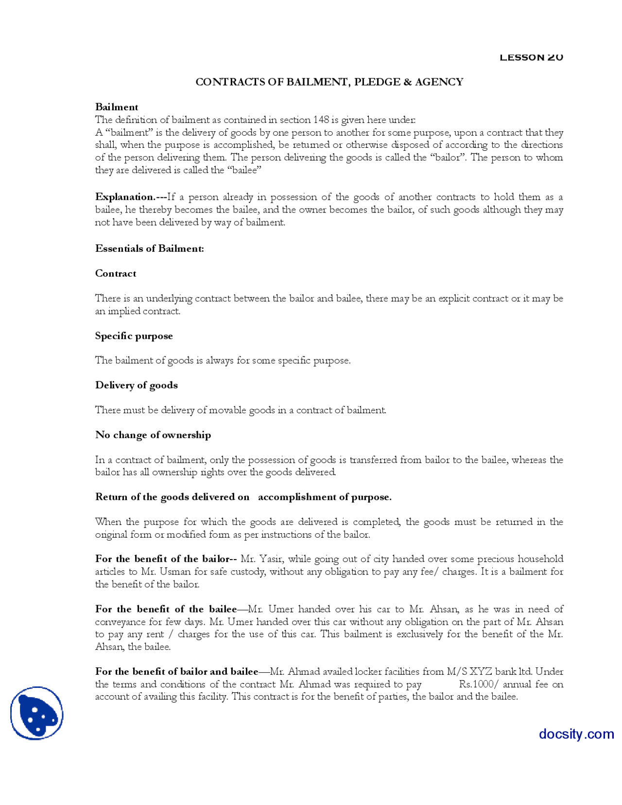 Bailment Of Contract Business And Labour Law Lecture Handout Docsity
