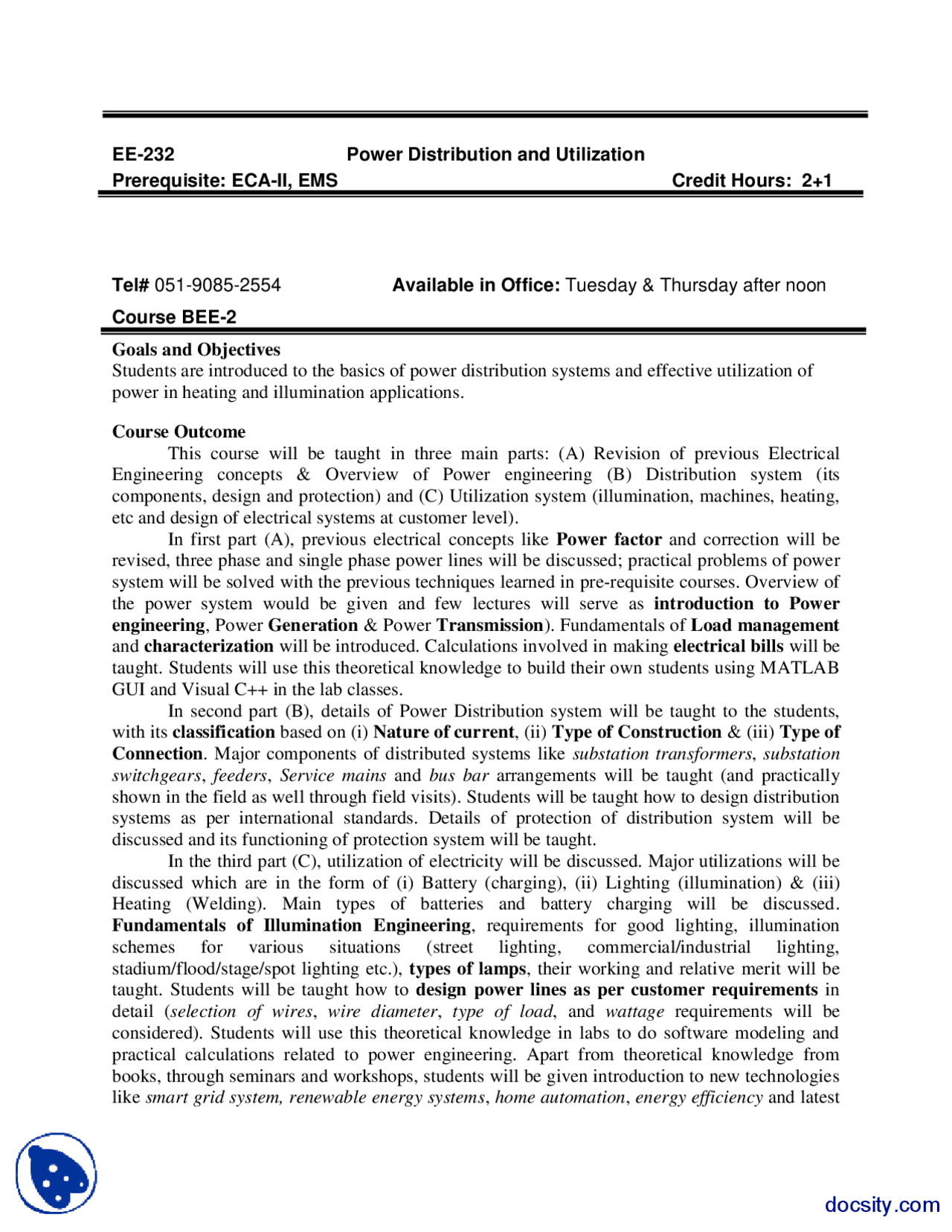 Course Outline Power Distribution And Utilization Handout Docsity