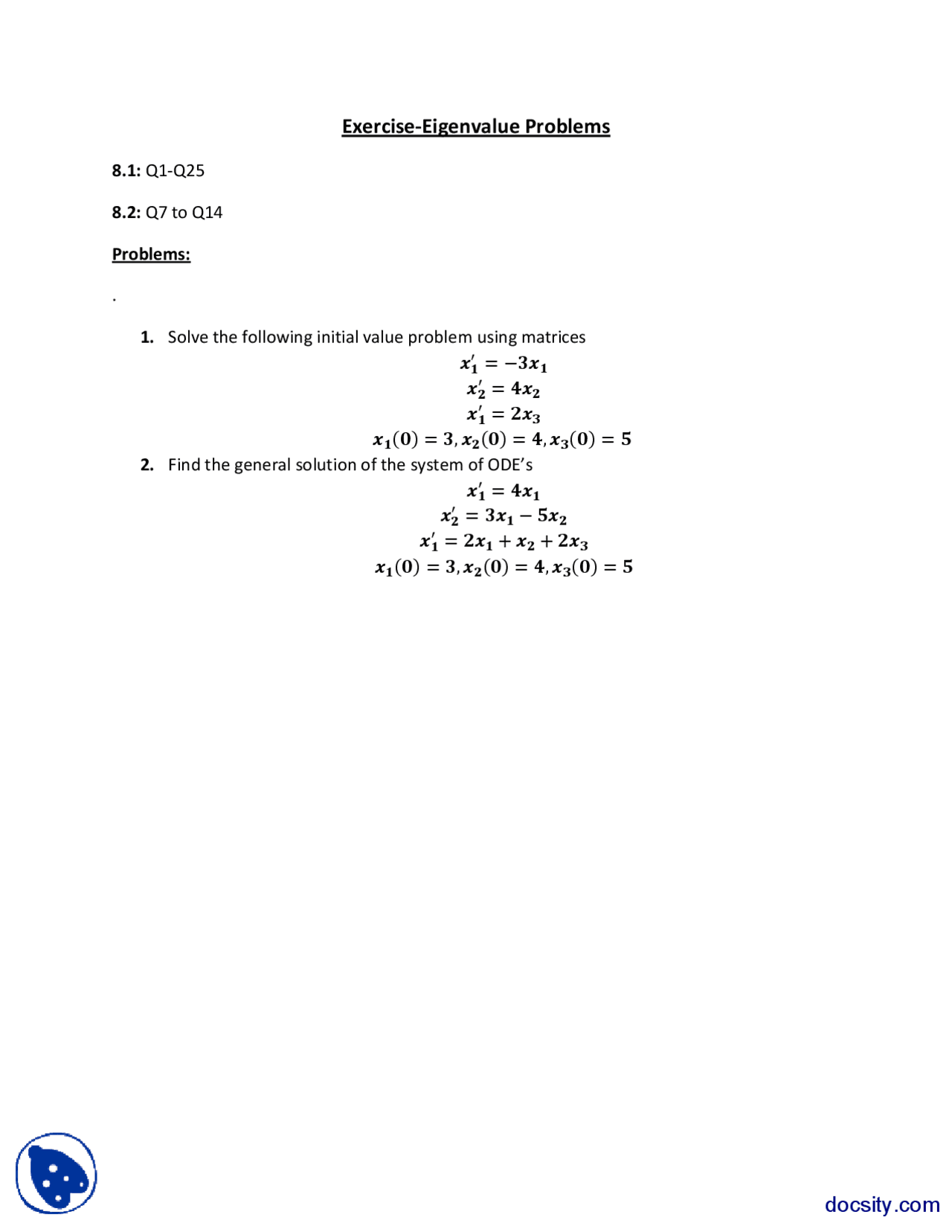 Eigen Value Problems Linear Algebra Assignment Docsity