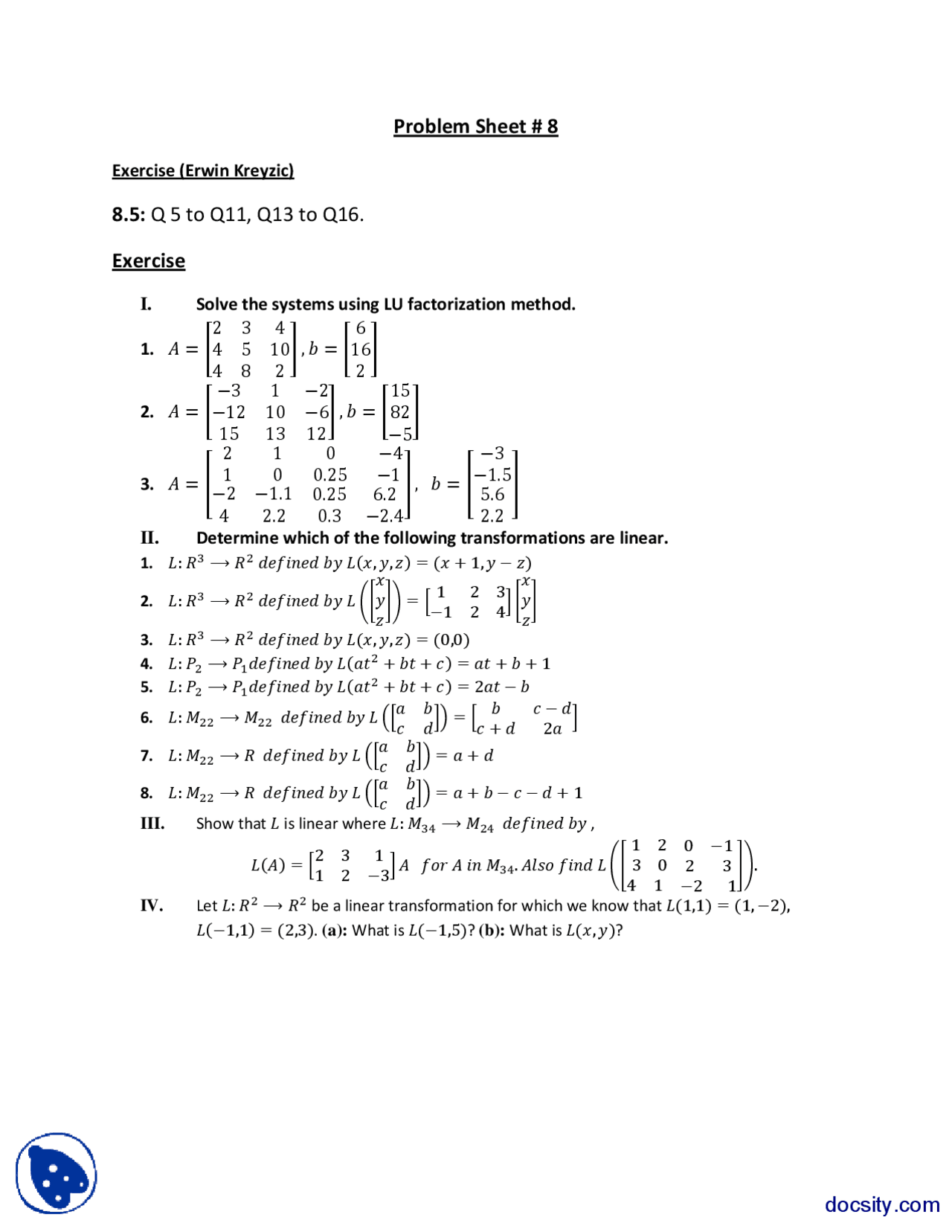 Problem Sheet 8 Lu Factorization Method Linear Algebra Assignment Docsity