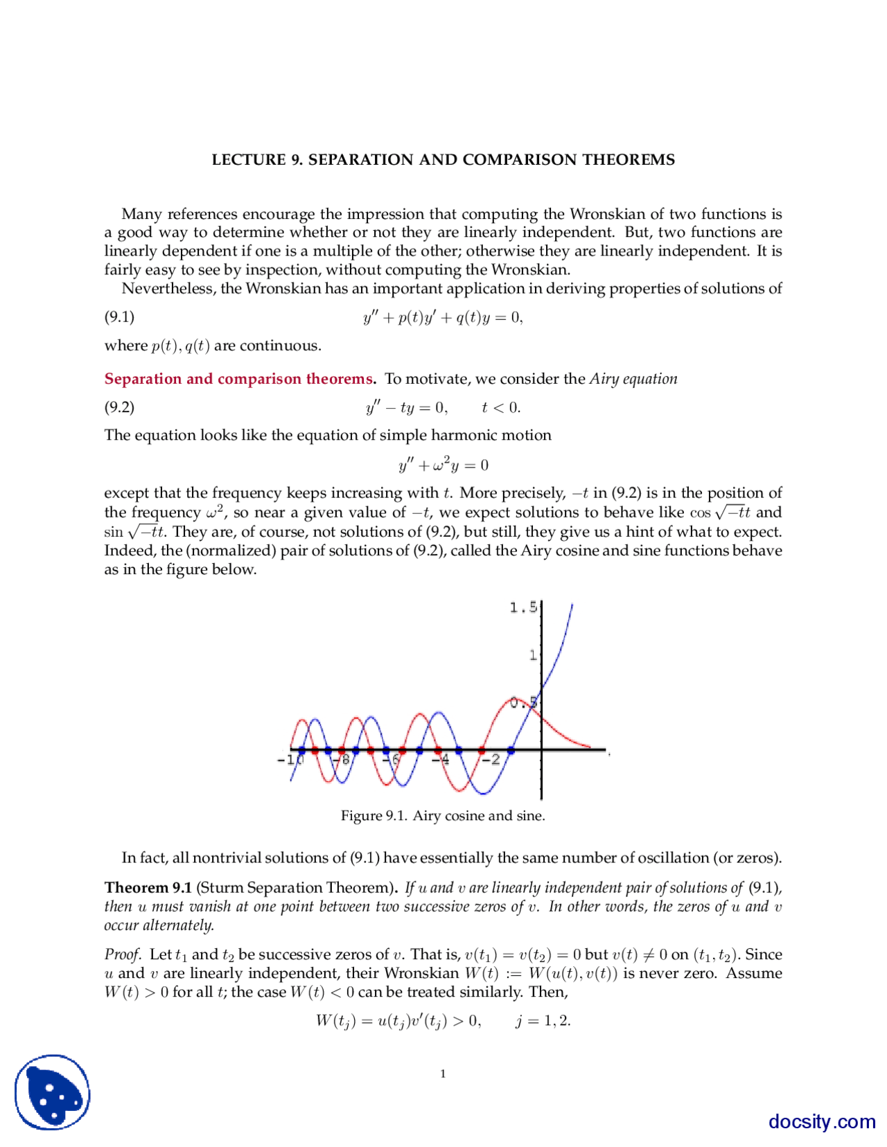 Separation And Comparison Theorems Differential Equations And Their Solutions Lecture Notes