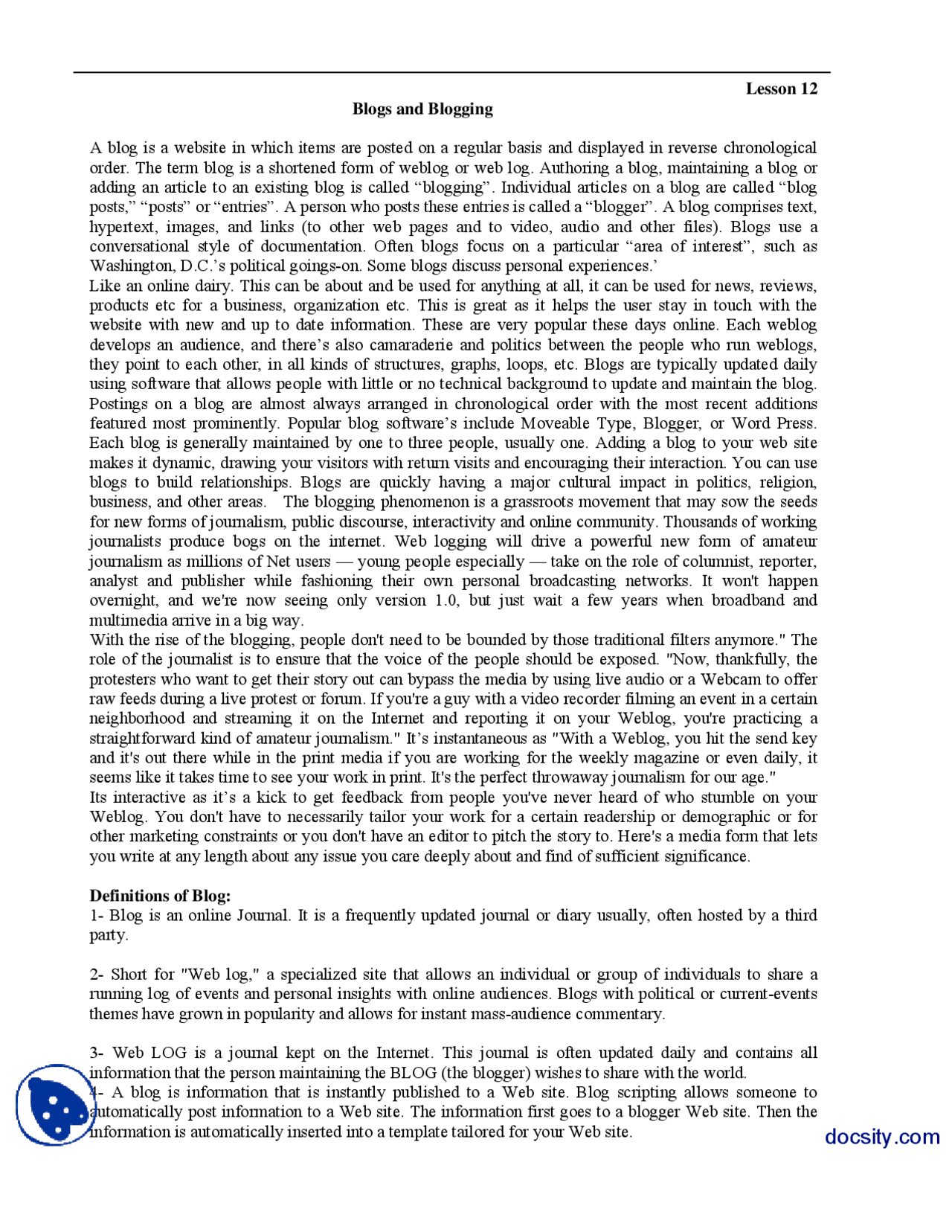 Blogs And Blogging Online Jounalism Lecture Handouts Docsity