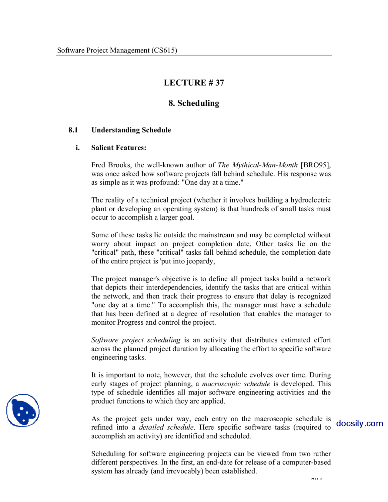 Scheduling Understanding Schedule Software Project Management Lecture Notes Docsity