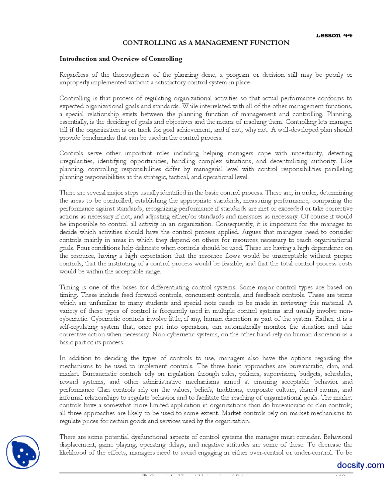 Controlling As A Management Function Principle Of Managment Handouts