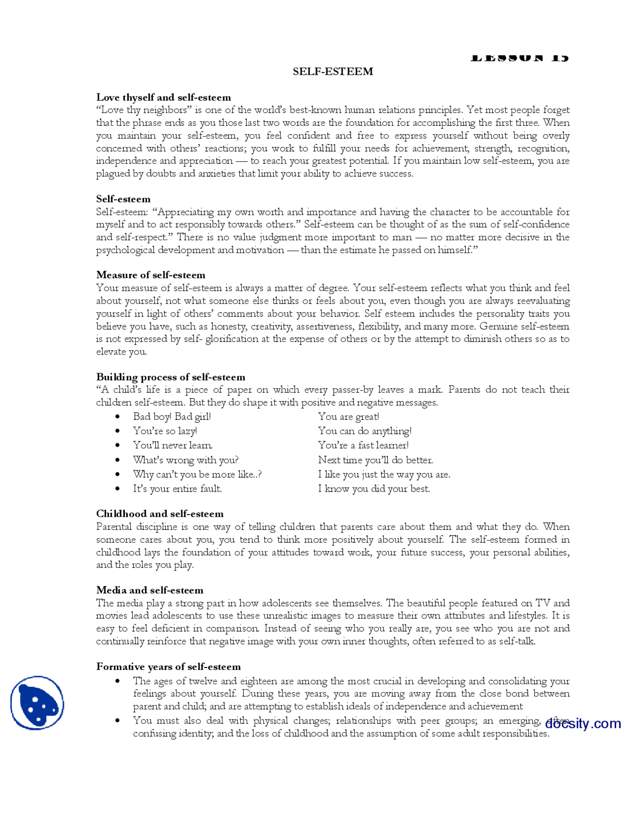 Love Thyself And Self Esteem Human Relation Lecture Handout Exercises