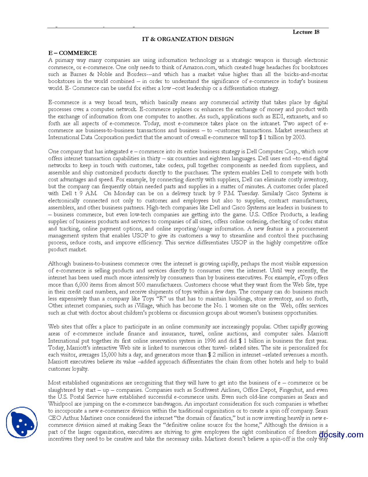 It And Organization Design Organization Theory And Design Handouts