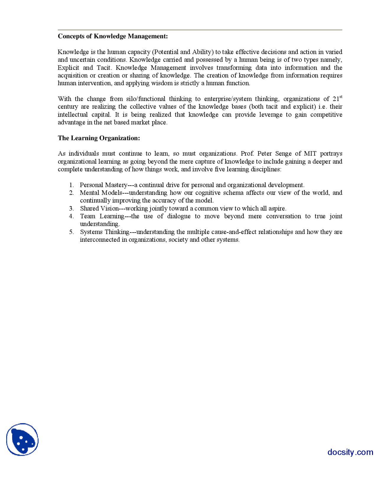 Concepts Of Knowledge Management Total Quality Managment Handouts Docsity