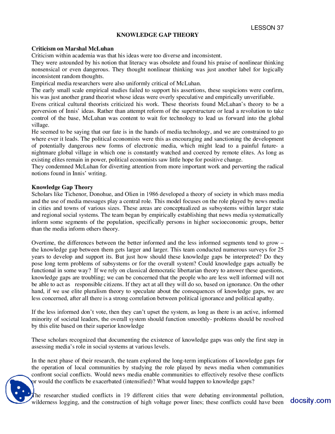Knowledge Gap Theory Theories Of Communication Handouts Docsity