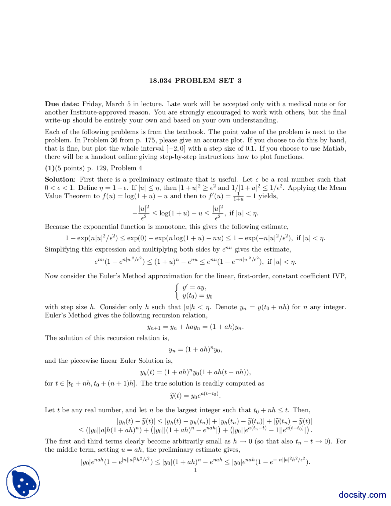 Problem Set 3 Mean Value Theorem Euler Solution Differential Equations Assignment Solution