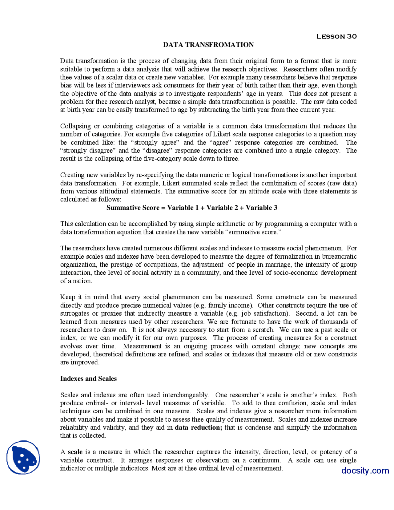 Data Transfromation-Research Methods-Handouts - Docsity